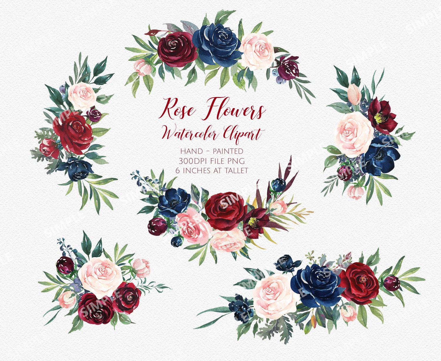 Marsala Flower Clipart,marsala Navy Watercolor Flowers,boho Bordo ...