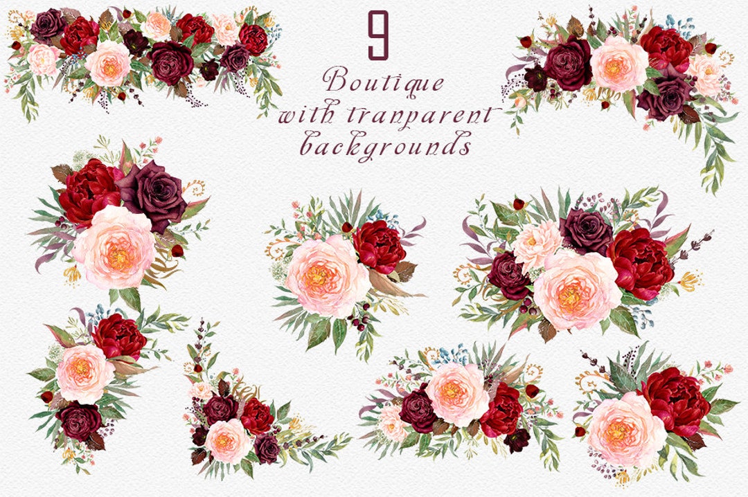 Marsala Flower Clipart,marsala Flowers,boho Bordo Watercolor Clipart ...