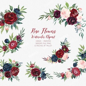 Marsala Flower Clipart,marsala Navy Watercolor Flowers,boho Bordo ...