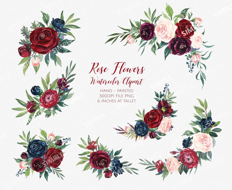 Marsala Flower Clipart,marsala Navy Watercolor Flowers,boho Bordo ...