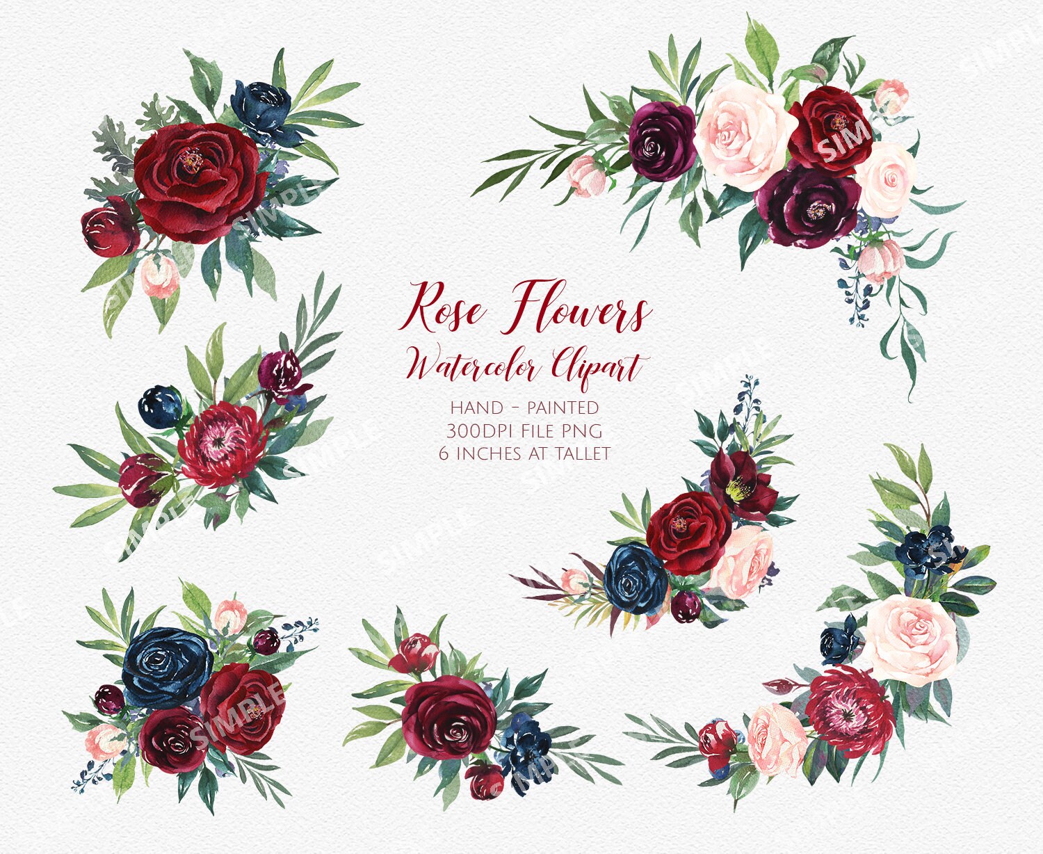 Marsala Flower Clipart,marsala Navy Watercolor Flowers,boho Bordo ...