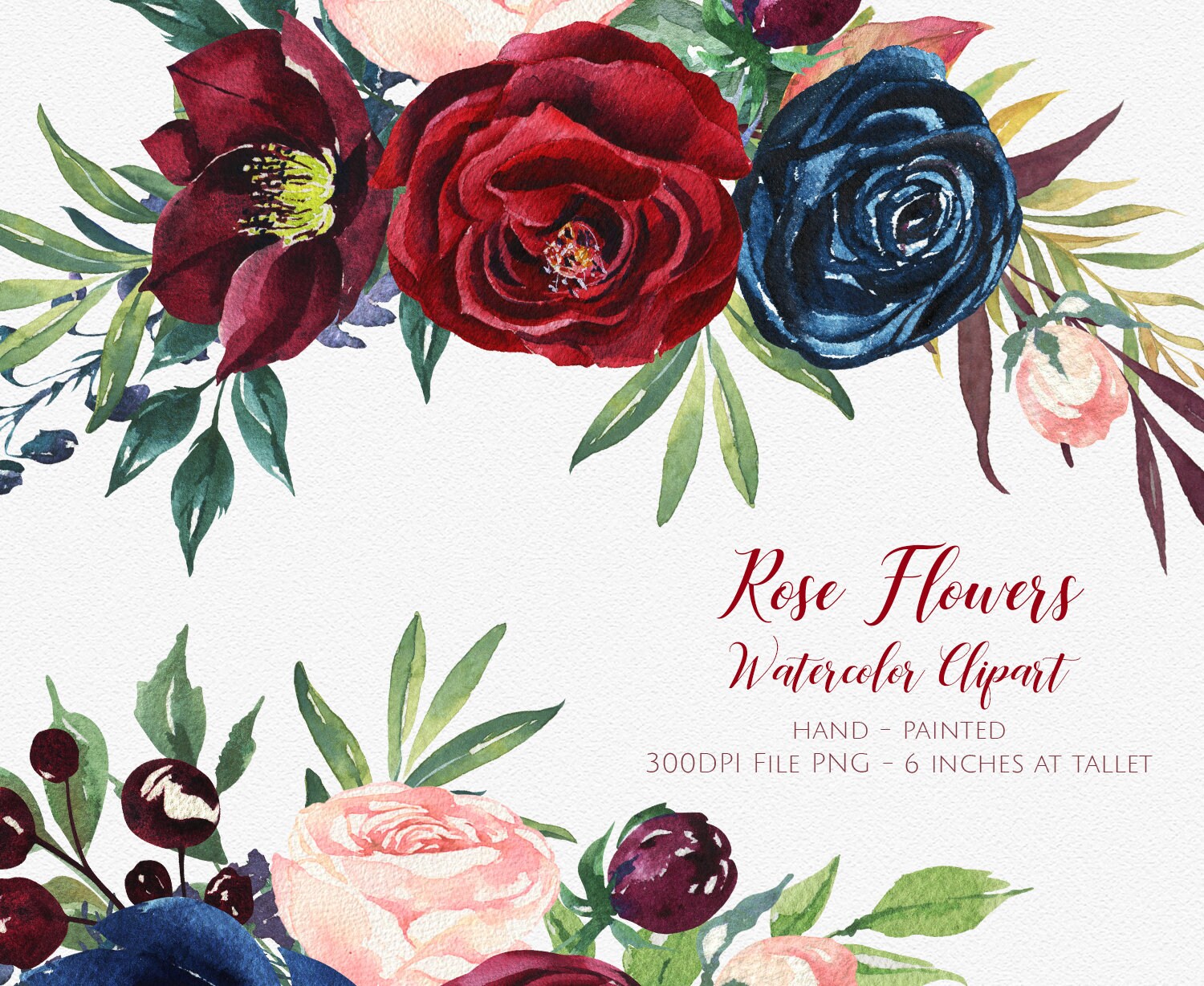 Marsala Flower Clipart,marsala Navy Watercolor Flowers,boho Bordo ...