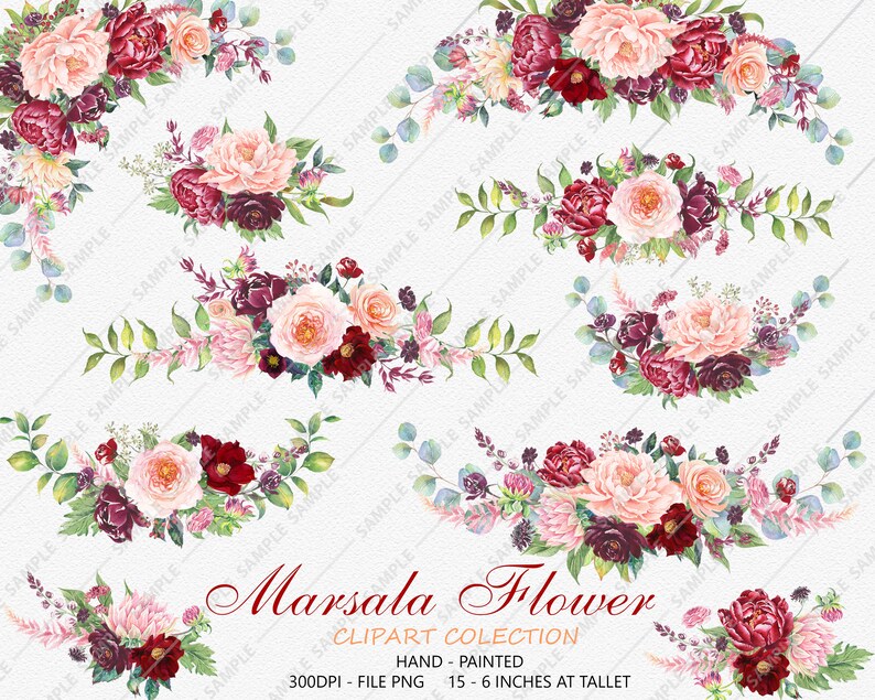 Marsala Flower Clipart,marsala Watercolor Flowers,boho Bordo Watercolor ...