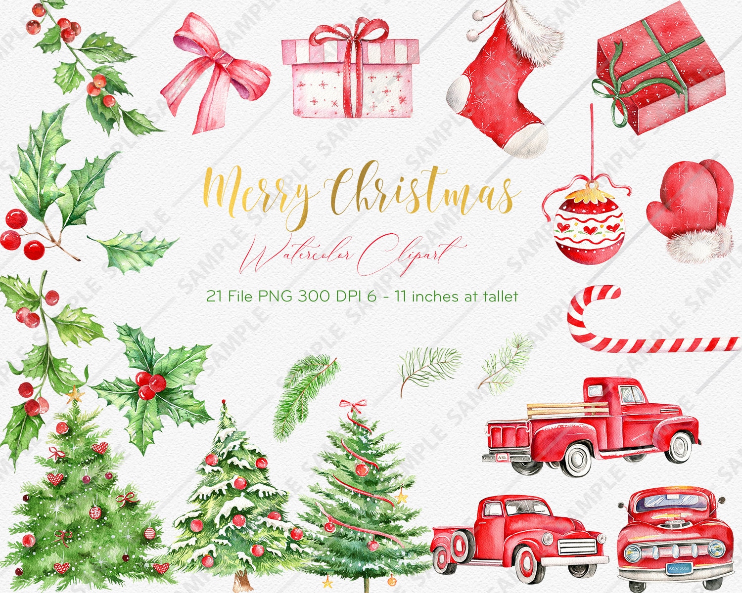 Christmas Clipart,watercolor Clipart Spruce,red Truck,conifer Trees ...