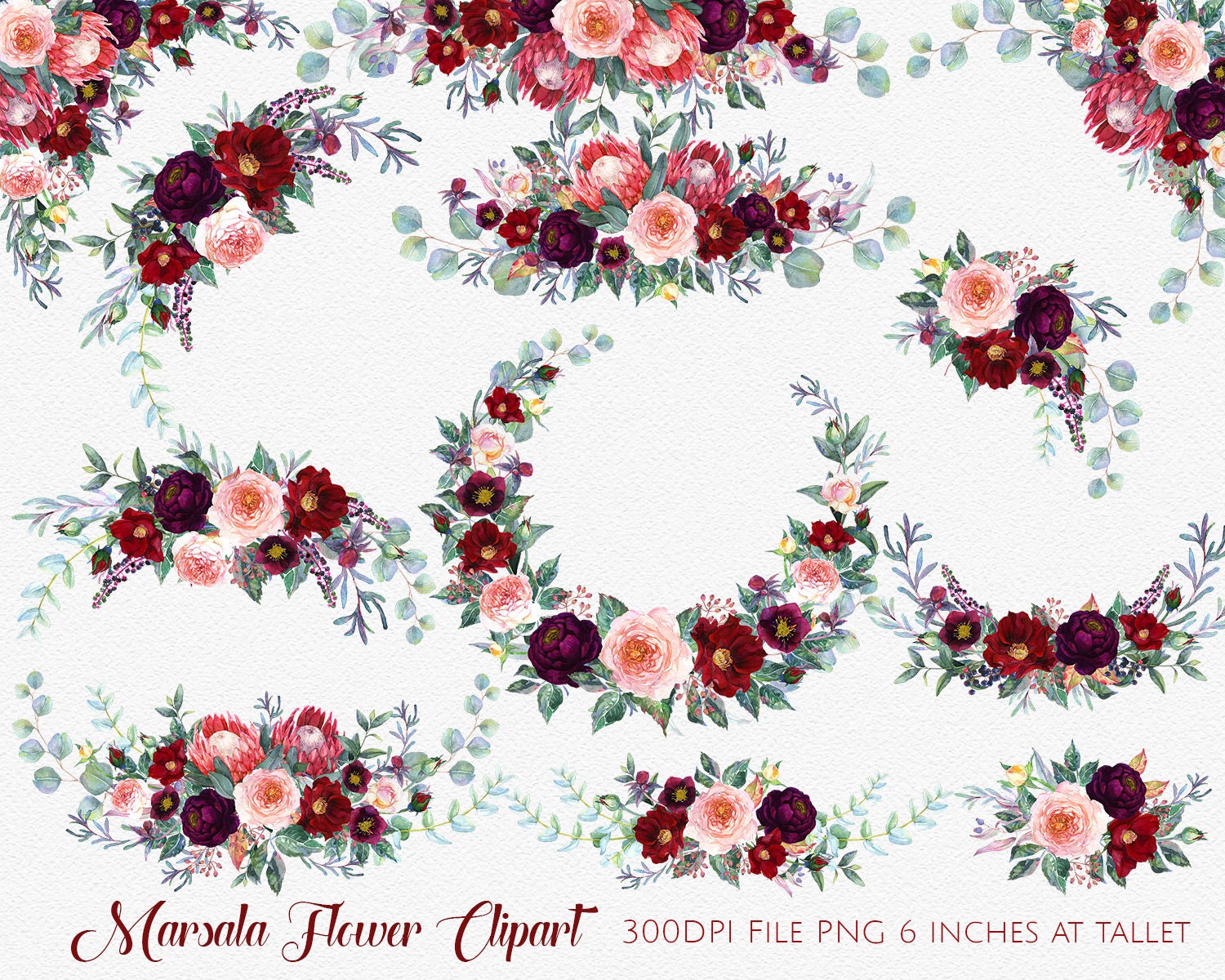 Marsala Flower Clipart,marsala Watercolor Flowers,boho Bordo Watercolor ...