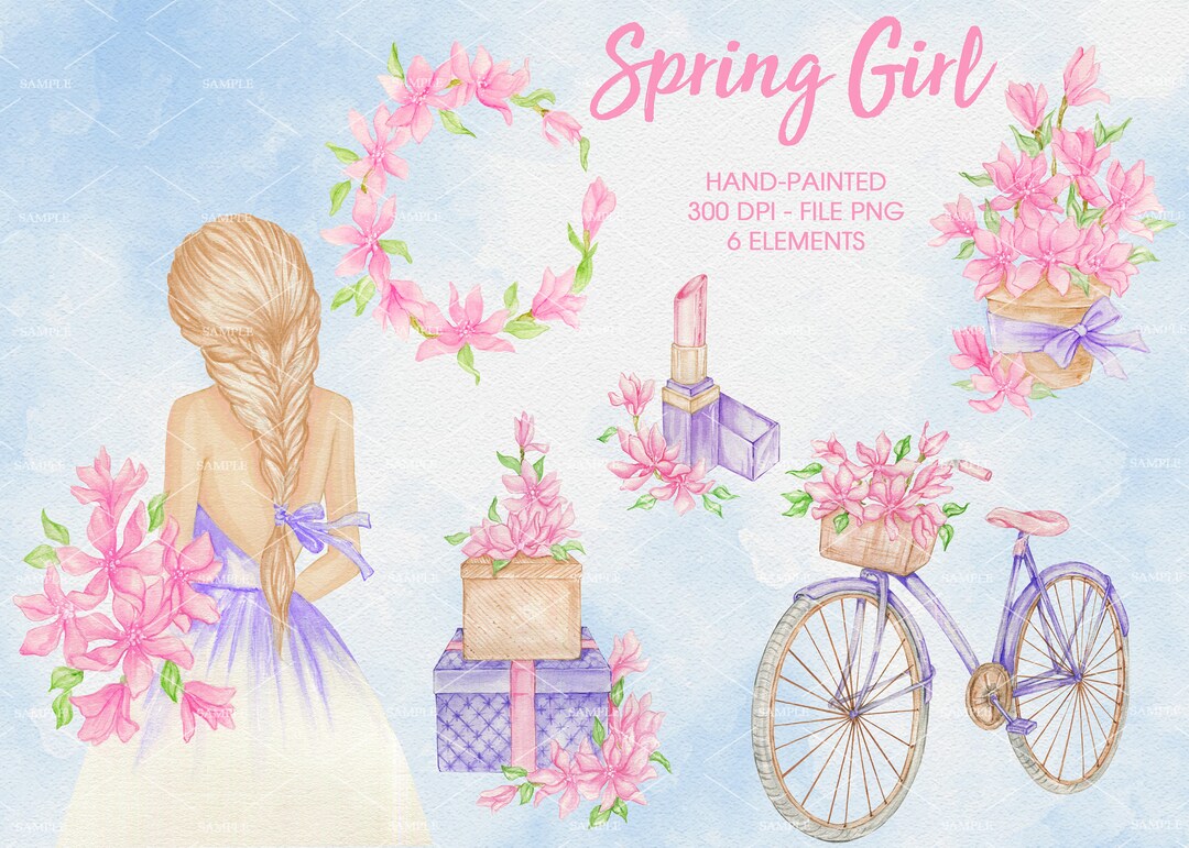 Sping Girls,watercolor Spring Clipart Set With Flower,magnolia Flower ...