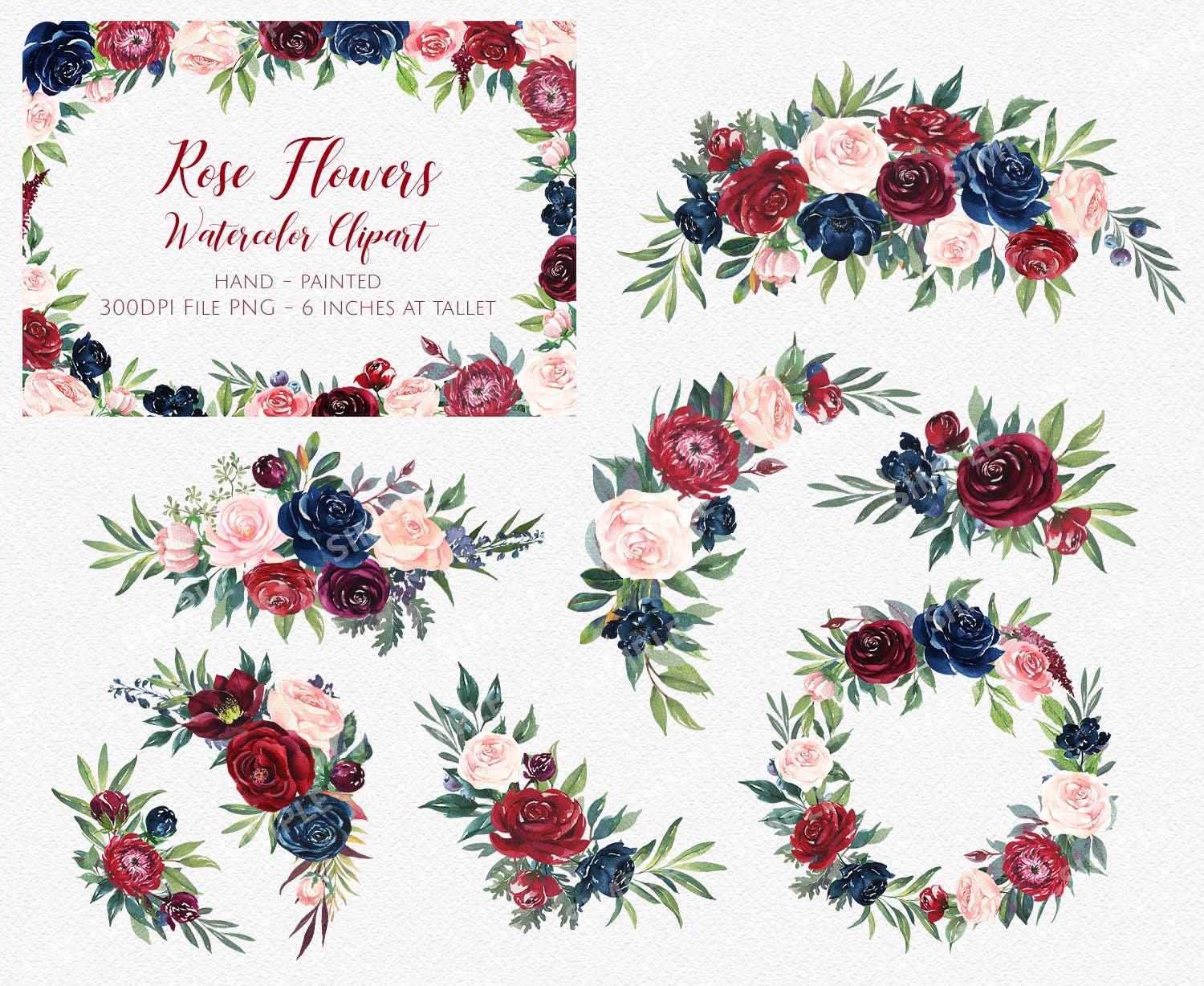Marsala Flower Clipart,marsala Navy Watercolor Flowers,boho Bordo ...
