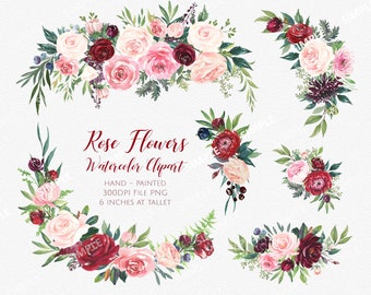 Marsala Flower Clipart,marsala Navy Watercolor Flowers,boho Bordo ...