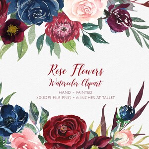Marsala Flower Clipart,marsala Navy Watercolor Flowers,boho Bordo ...