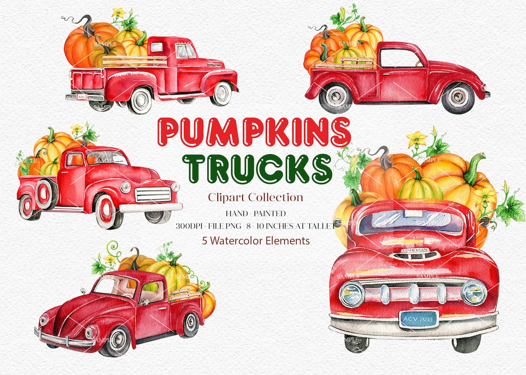 Pumpkins Watercolor Clipart,red Truck With Pumpkins,pumpkins Halloween ...
