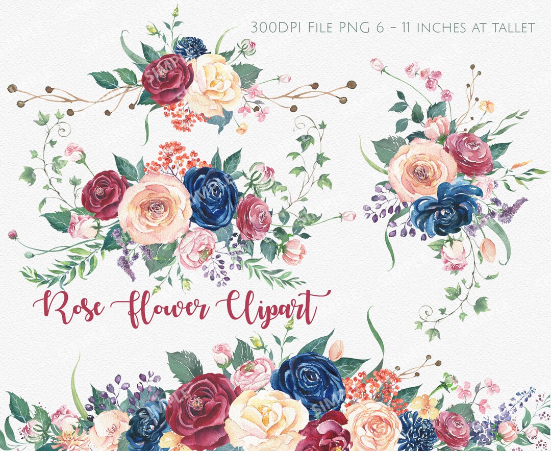 Marsala Flower Clipart,marsala Navy Watercolor Flowers,boho Bordo ...