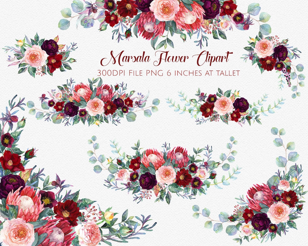 Marsala Flower Clipart,marsala Watercolor Flowers,boho Bordo Watercolor ...