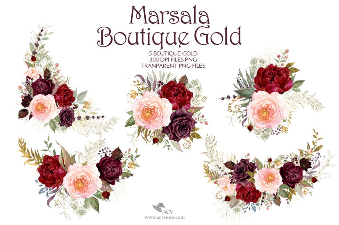 Marsala Flower Clipart,marsala Watercolor Flowers Cover Art Line Gold ...