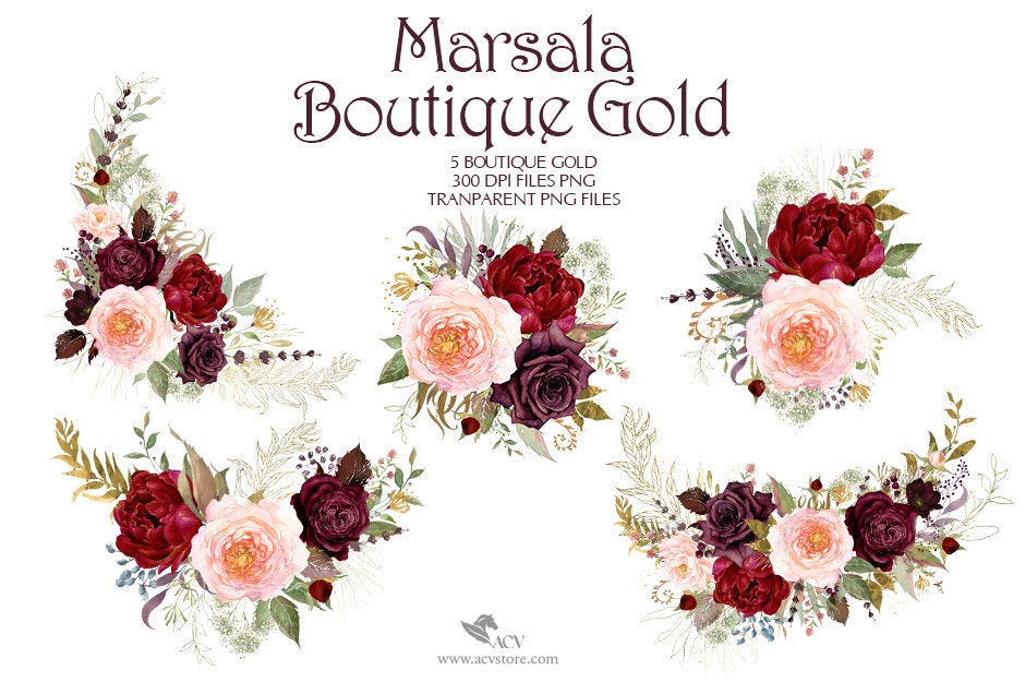 Marsala Flower Clipart,marsala Watercolor Flowers Cover Art Line Gold ...