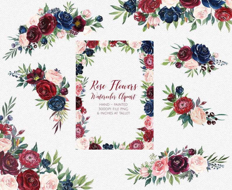Marsala Flower Clipart,marsala Navy Watercolor Flowers,boho Bordo ...