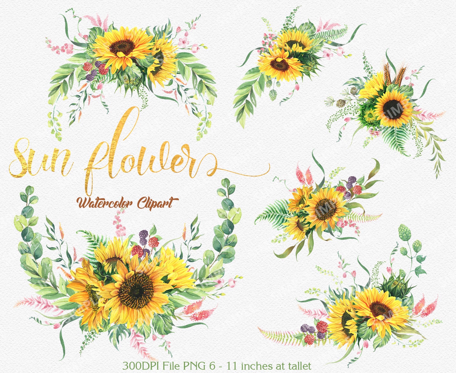 Sunflower Watercolor Flower Clipart,wreaths and Bouquets Invitation ...