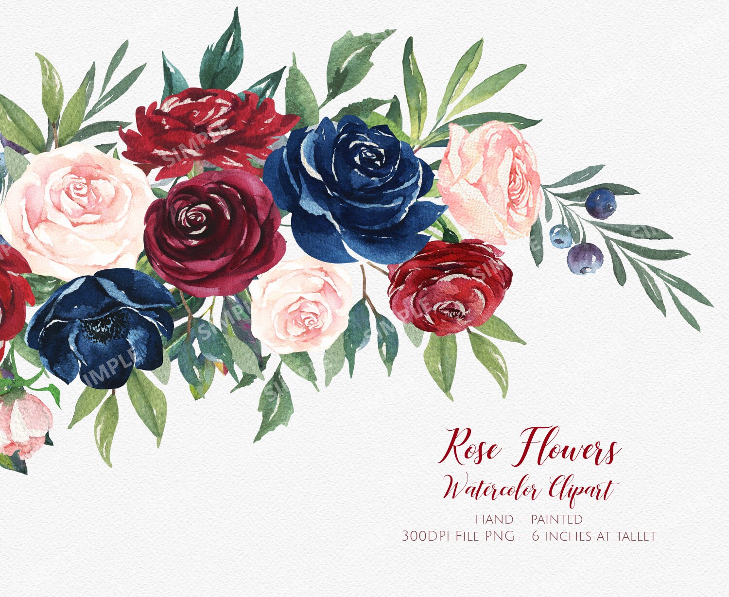 Marsala Flower Clipart,marsala Navy Watercolor Flowers,boho Bordo ...