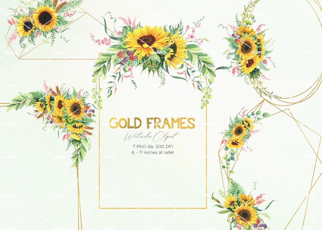 Clipart Frame Greenery Sunflower,watercolor Geometric Sunflower,frames ...