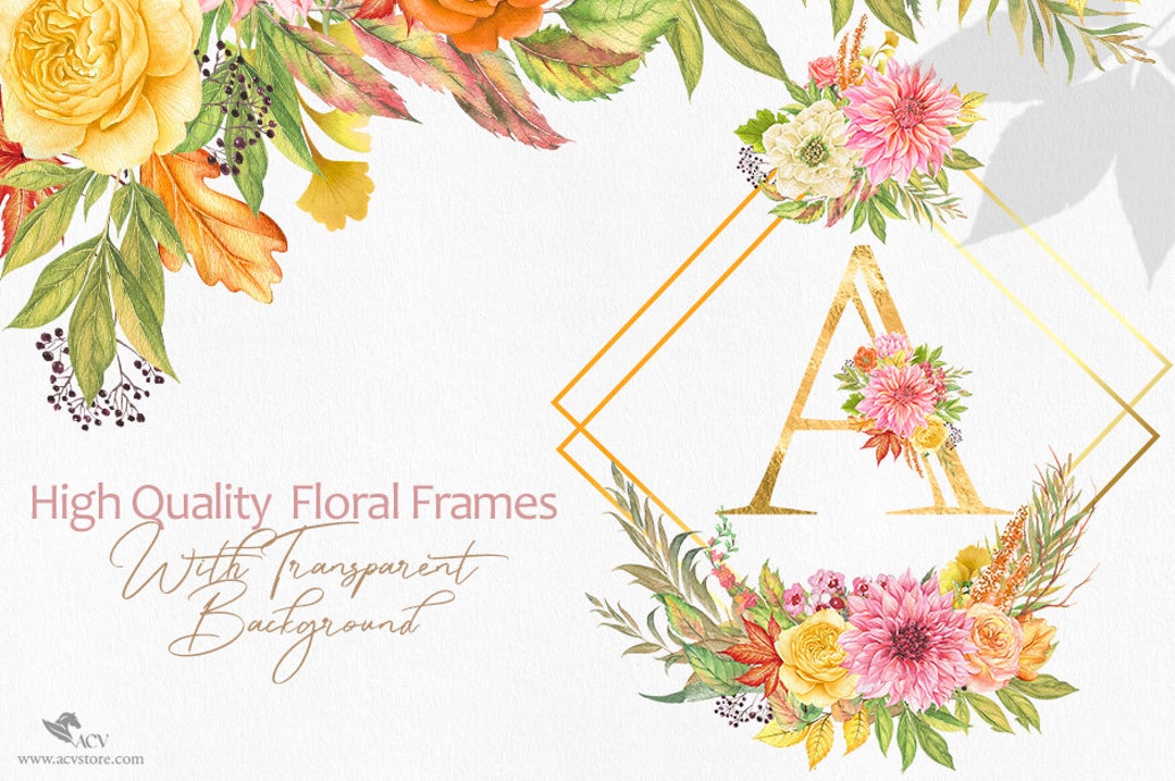 Frame Gold Watercolor Autumn Flower Gold Clipart,boutique Rose Frame ...