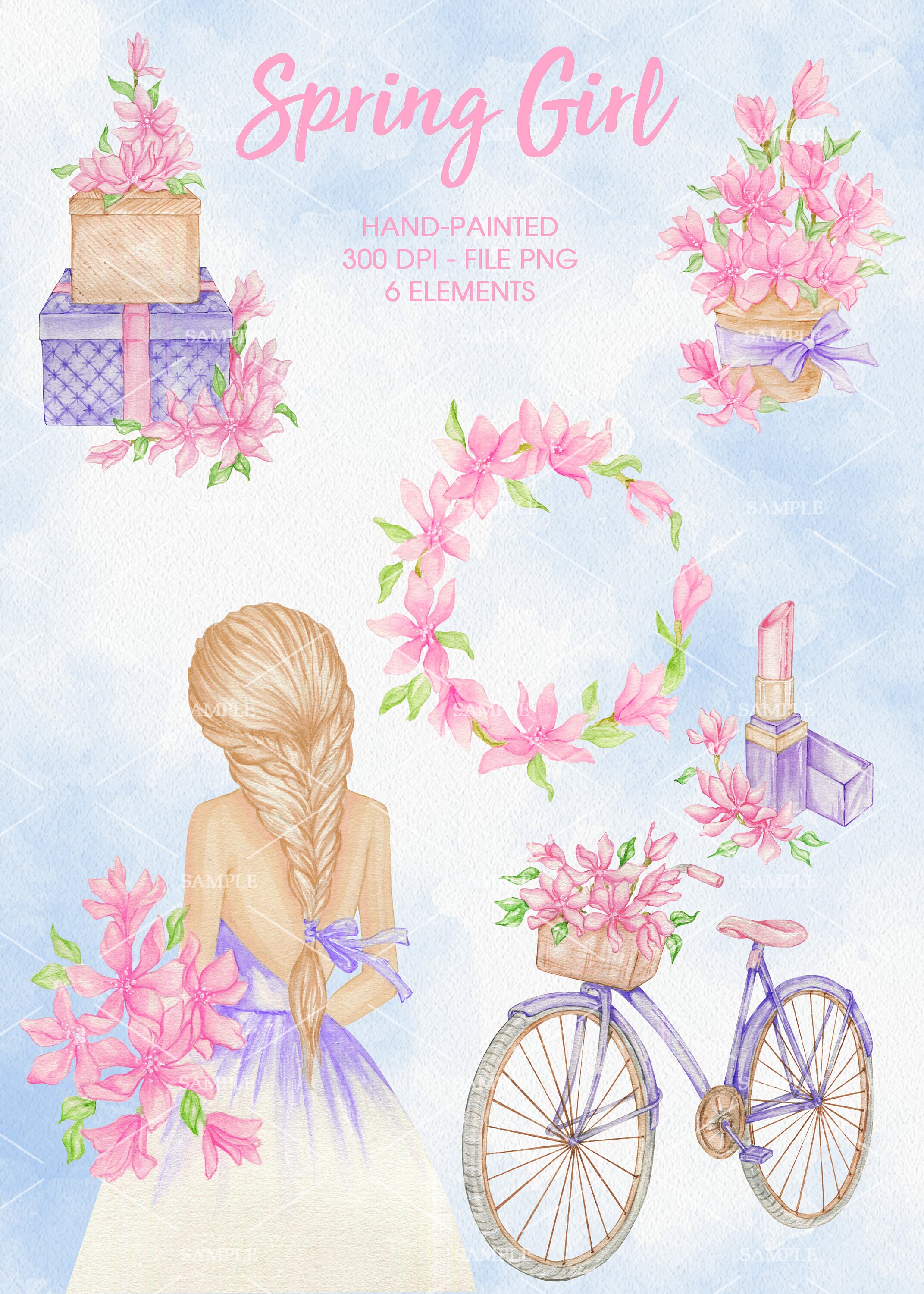 Sping Girls,watercolor Spring Clipart Set With Flower,magnolia Flower ...
