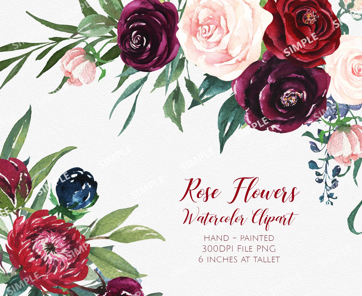 Marsala Flower Clipart,marsala Navy Watercolor Flowers,boho Bordo ...