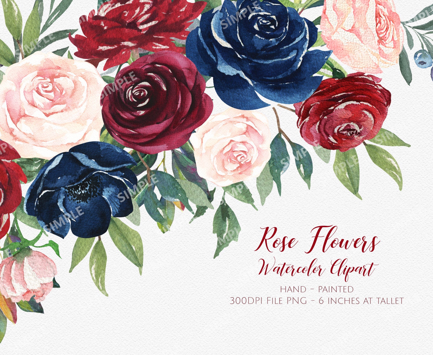 Marsala Flower Clipart,marsala Navy Watercolor Flowers,boho Bordo ...