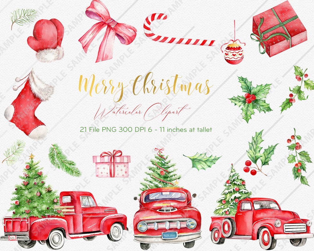 Christmas Clipart,watercolor Clipart Spruce,red Truck,conifer Trees ...