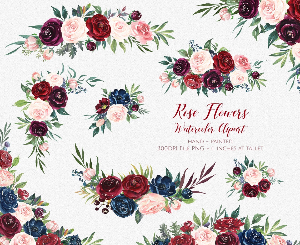 Marsala Flower Clipart,marsala Navy Watercolor Flowers,boho Bordo ...
