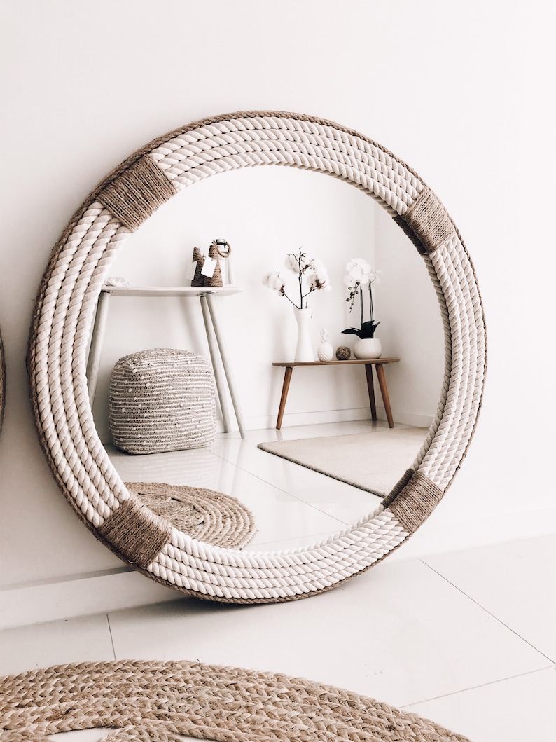 LARGE 80cm | 31.4inch Hampton Nautical Coastal Round Rope Mirror Home ...