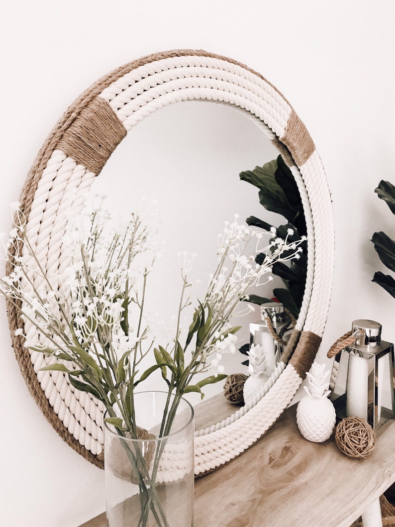 LARGE 80cm | 31.4inch Hampton Nautical Coastal Round Rope Mirror Home ...