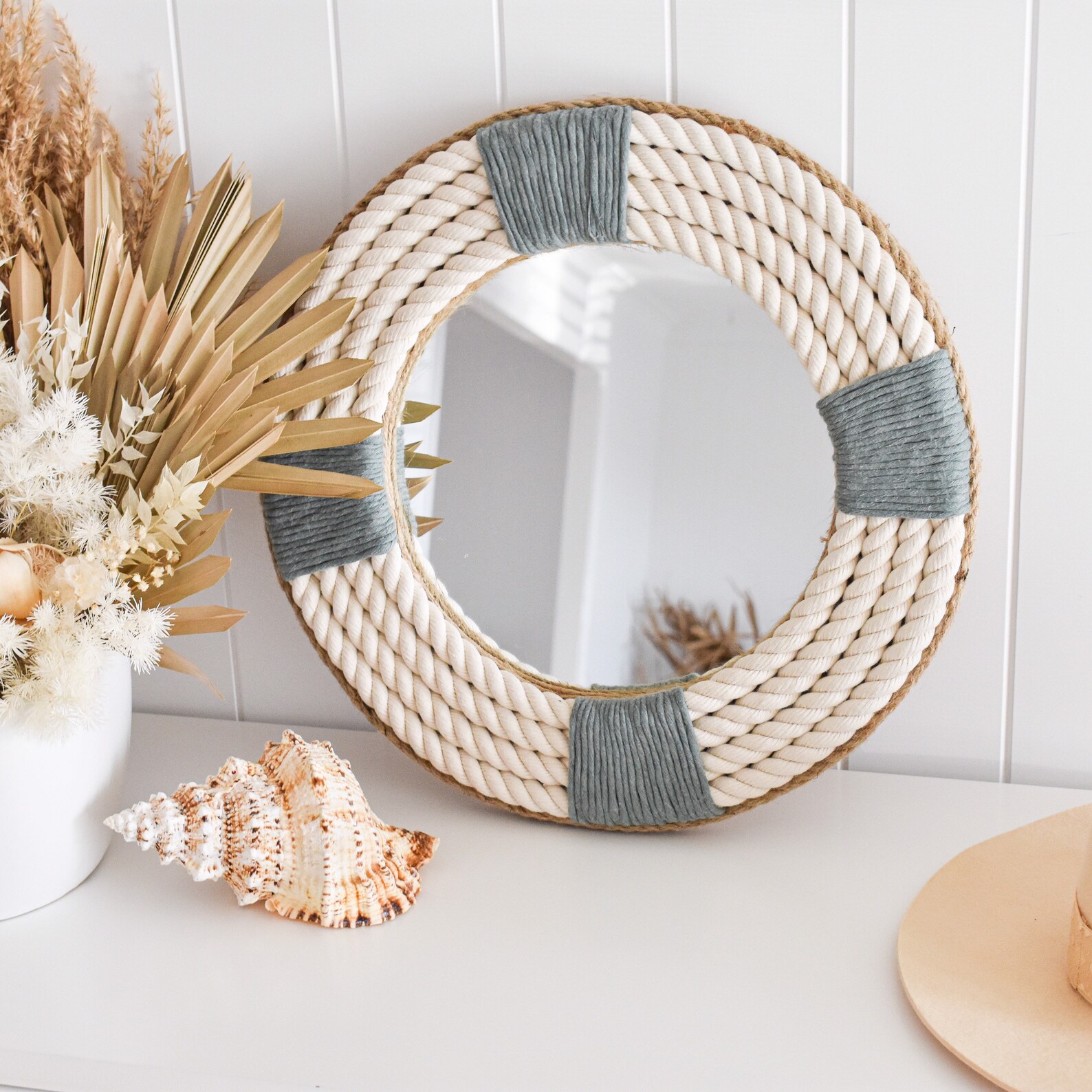 SMALL 41cm | 16inch GREEN Nautical Hampton Elegant Round Rope Mirror ...