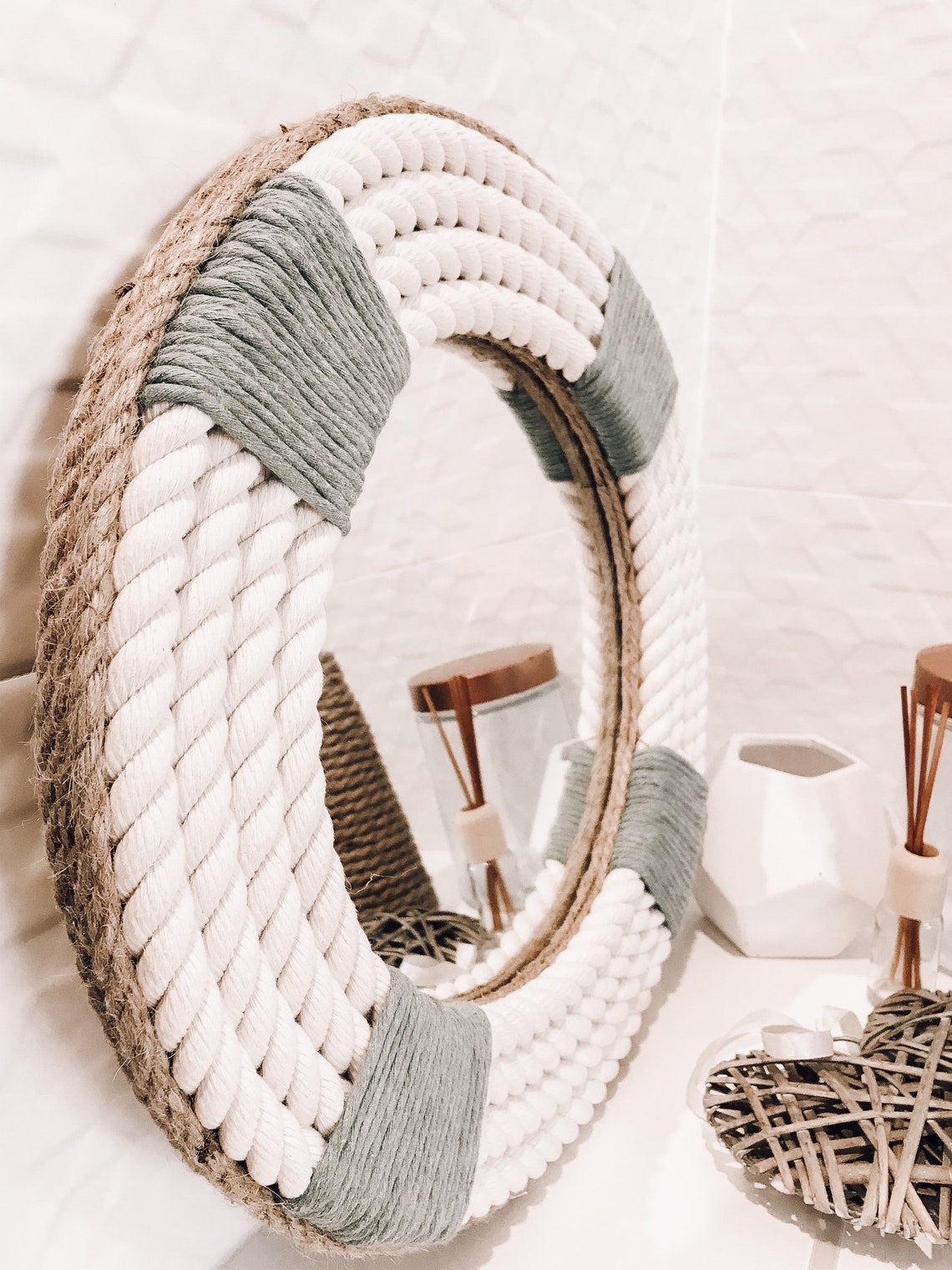 LARGE 80cm | 31.4inch Hampton Nautical Coastal Round Rope Mirror Home ...