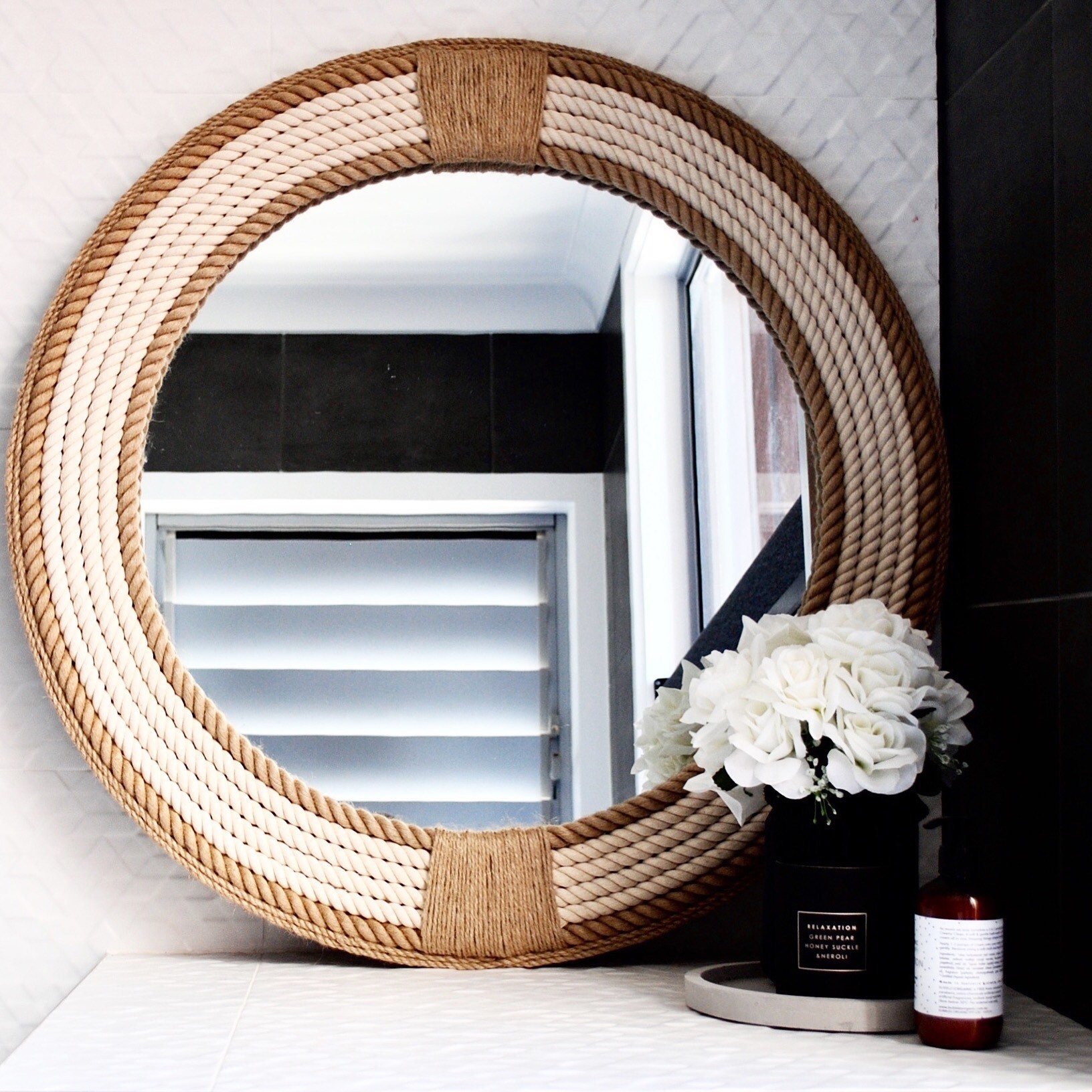 LARGE 80cm | 31.4inch Hampton Nautical Coastal Round Rope Mirror Home ...