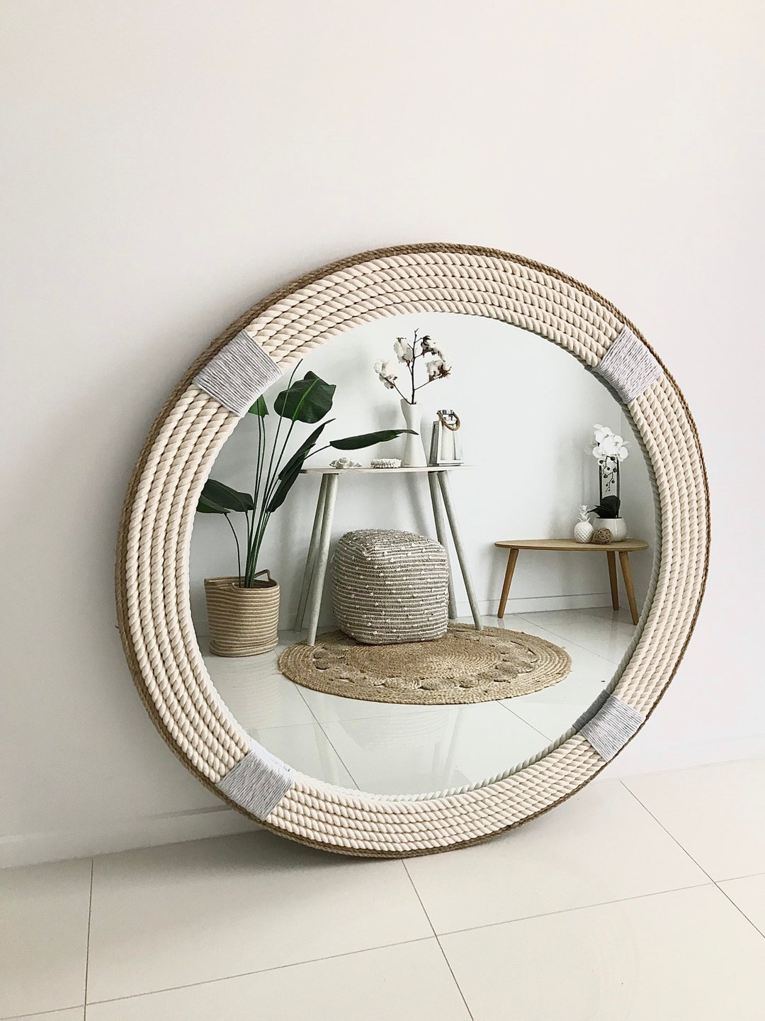 LARGE 80cm 31.4inch GREY Hampton Nautical Coastal Round Rope Mirror ...