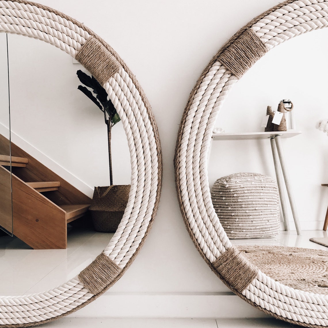 LARGE 80cm | 31.4inch Hampton Nautical Coastal Round Rope Mirror Home ...