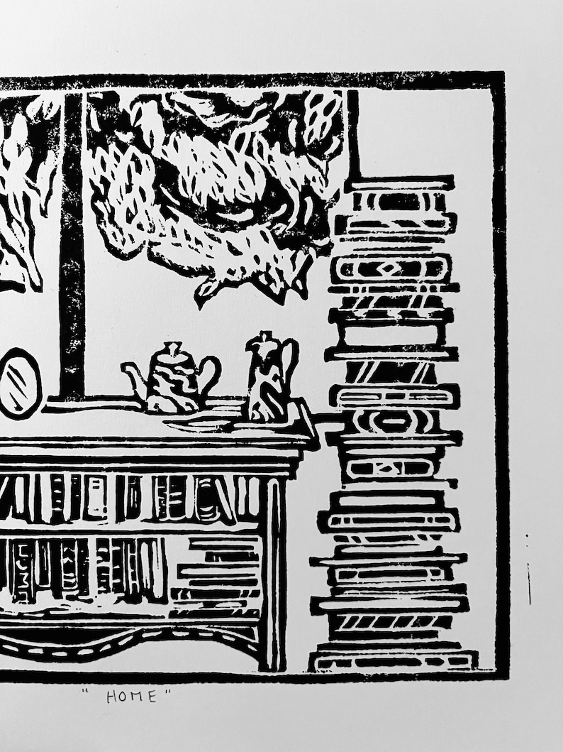 Home Reading Room Linocut Print, Living Room Linocut, Peaceful Quiet ...