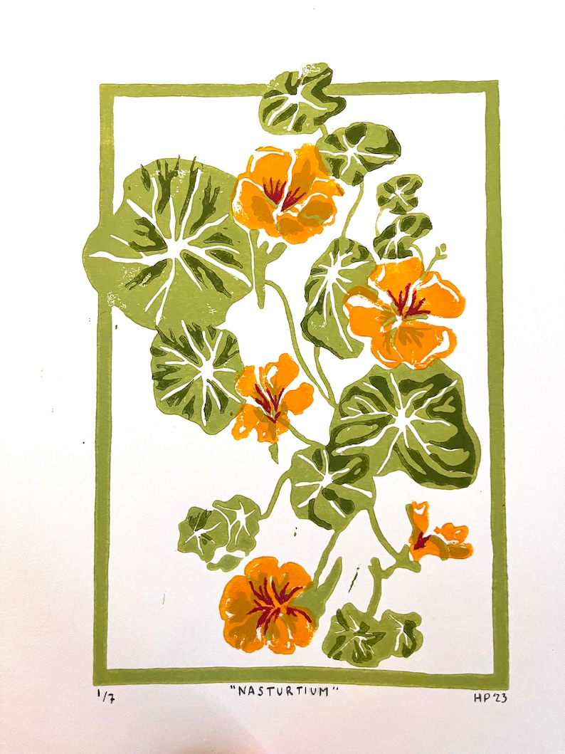 Yellow Nasturtium Linocut Print - Etsy