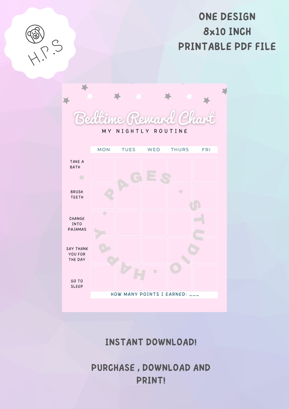 Bedtime Girly Reward Chart | Printable Chart Reward for Girls | Daily ...