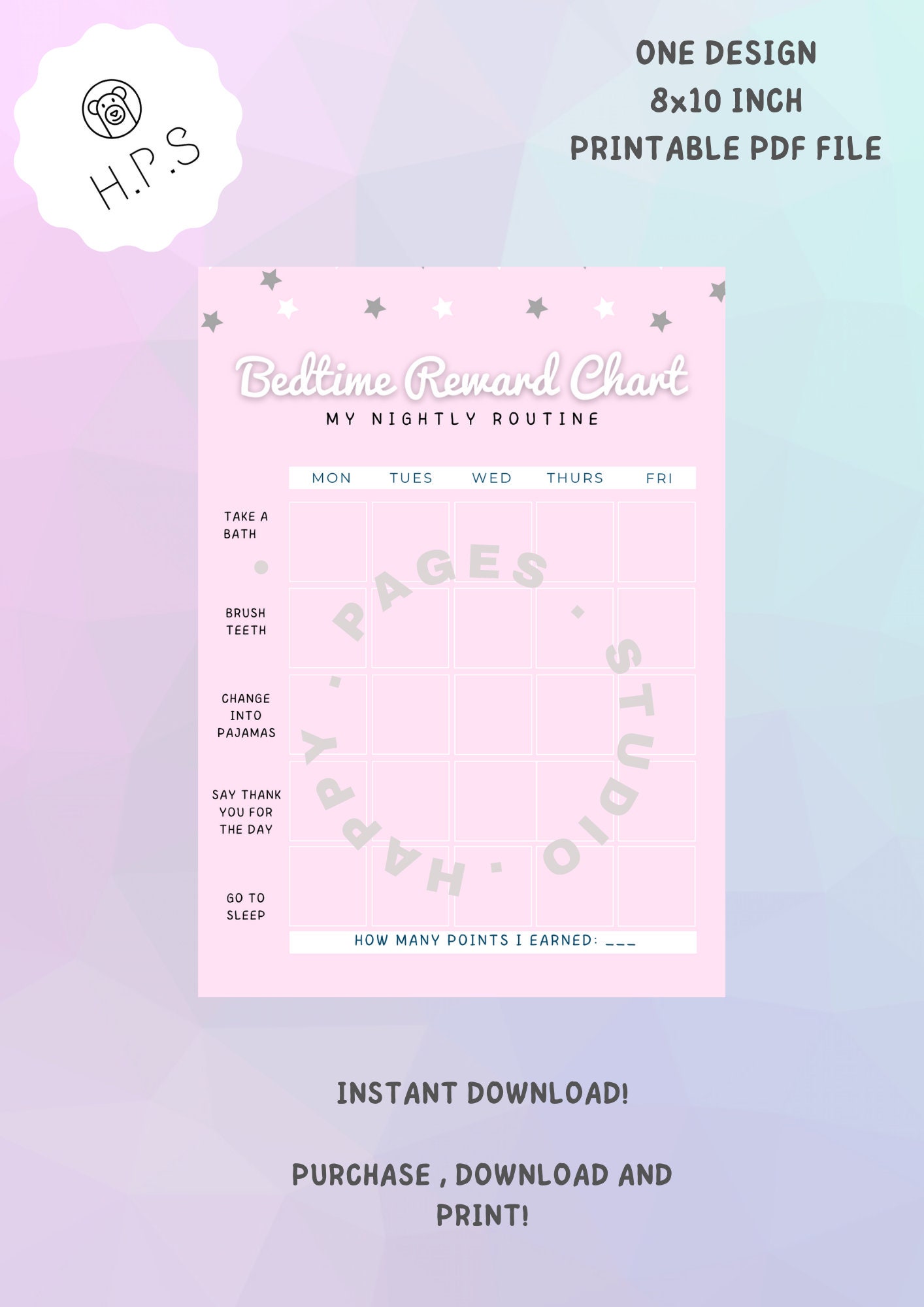 Bedtime Girly Reward Chart | Printable Chart Reward for Girls | Daily ...
