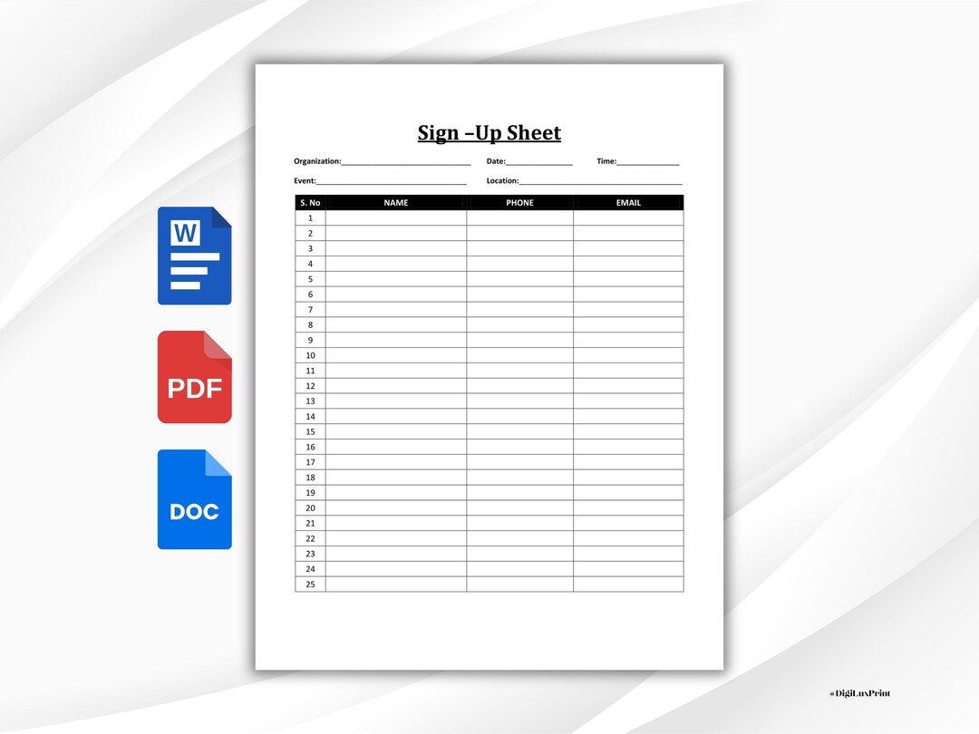Editable Sign up Sheet Template Event Sign up Sheet Sign up List ...