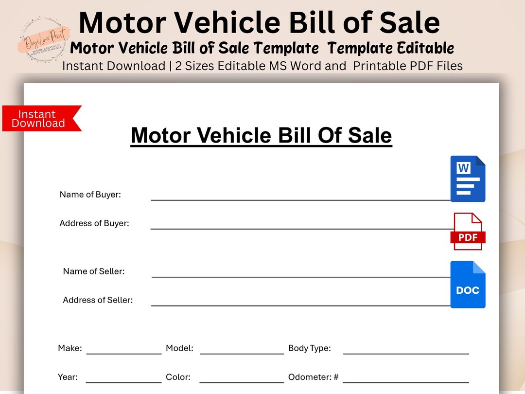 Editable Motor Vehicle Bill of Sale Printable Car Sale Form Bill of ...