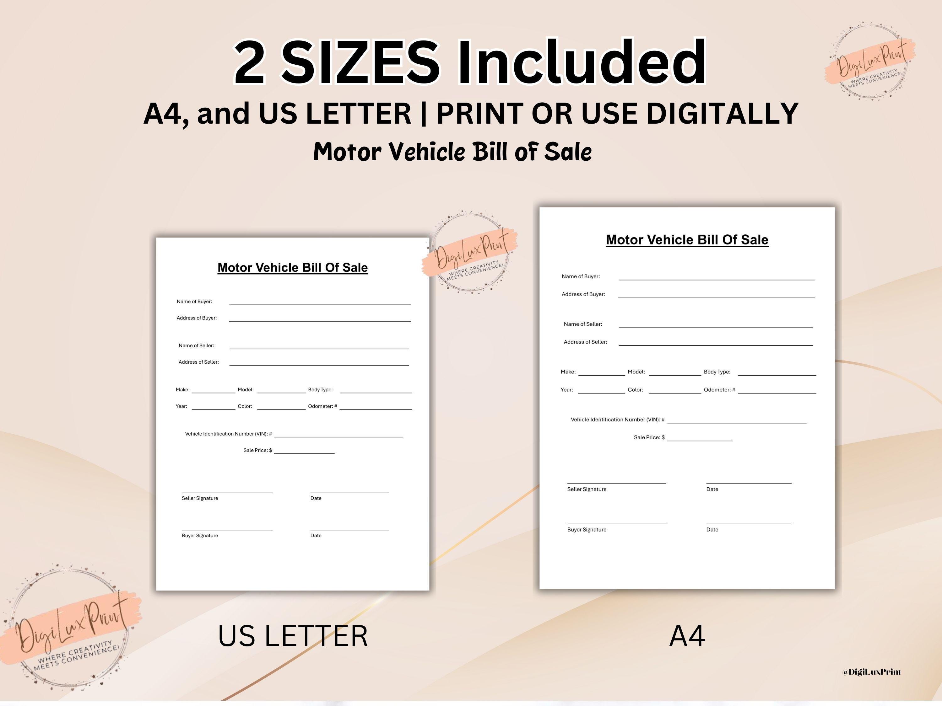 Editable Motor Vehicle Bill of Sale Printable Car Sale Form Bill of ...