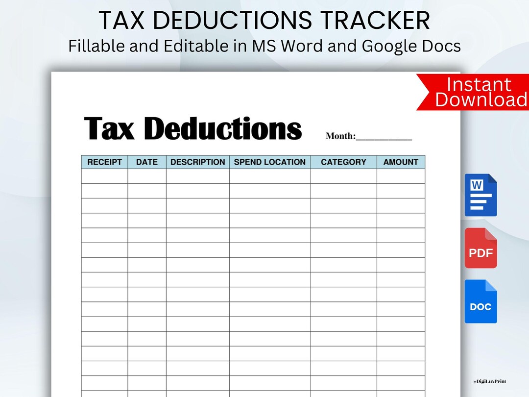 Editable Tax Deduction Tracker, Small Business Tax Organizer, Business ...