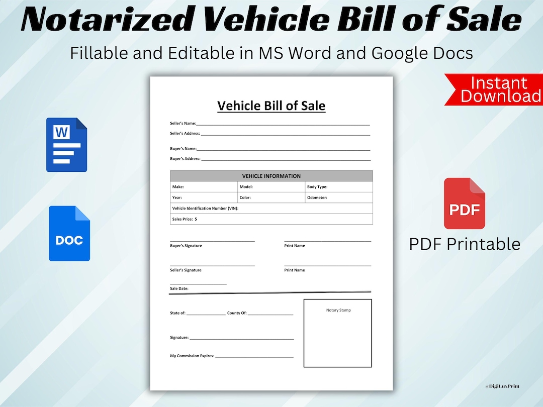 Notarized Vehicle Bill of Sale & Payment Receipts Vehicle Bill of Sale ...