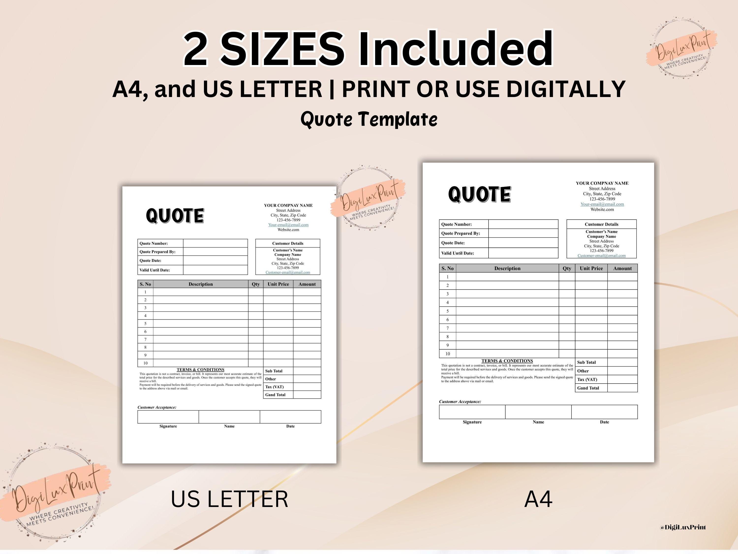 Editable Quote Template Quote Form for Small Business Job Proposal ...