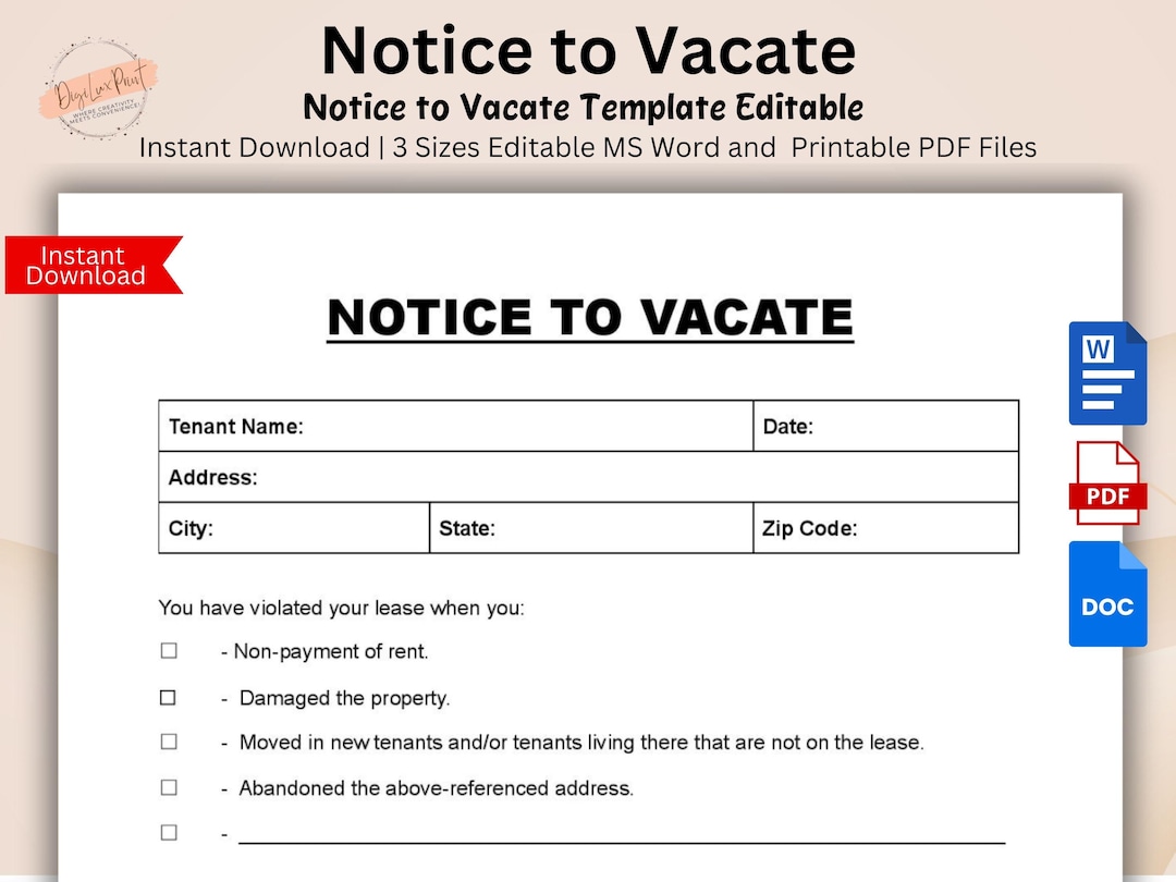 Editable Notice to Vacate Template Eviction Notice Form Lease ...
