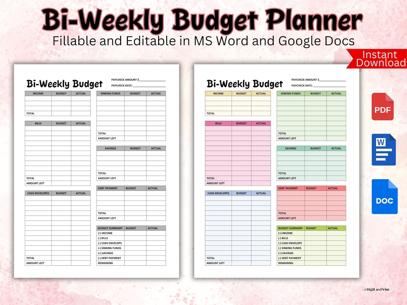 Bi-weekly Budget Planner Template | Printable PDF and | Editable ...