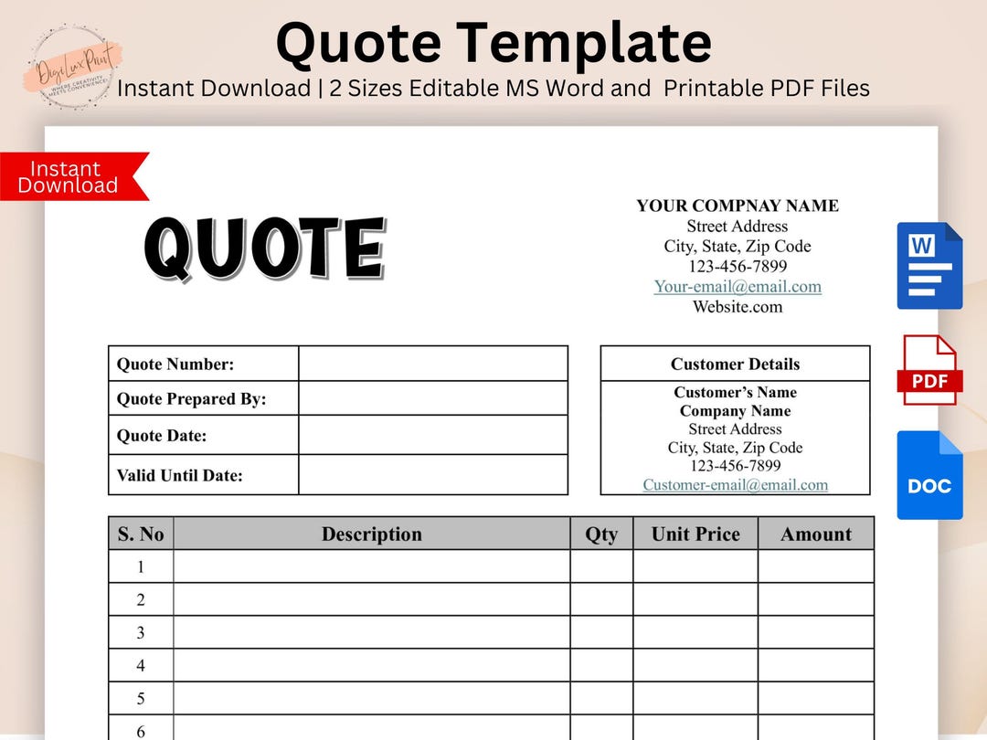 Editable Quote Template Quote Form for Small Business Job Proposal ...