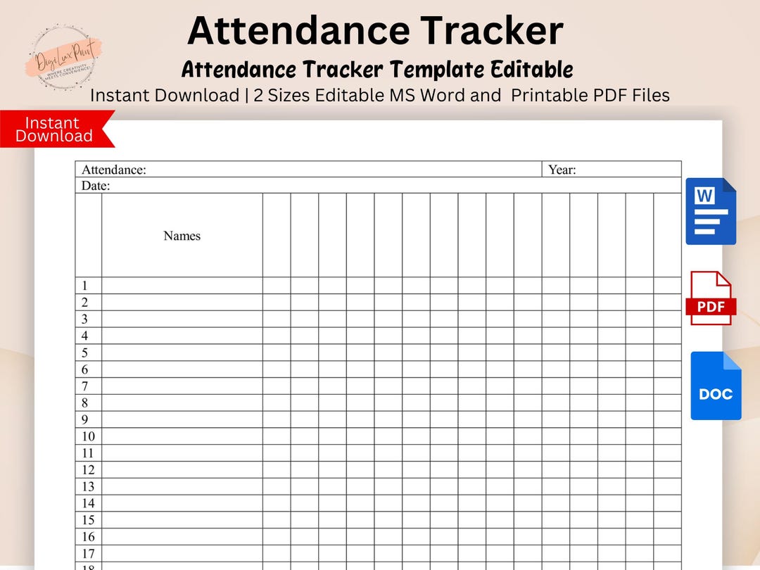 Editable Minimalistic Attendance Tracker Template Basic Simple Attendance Tracking Form Chart ...