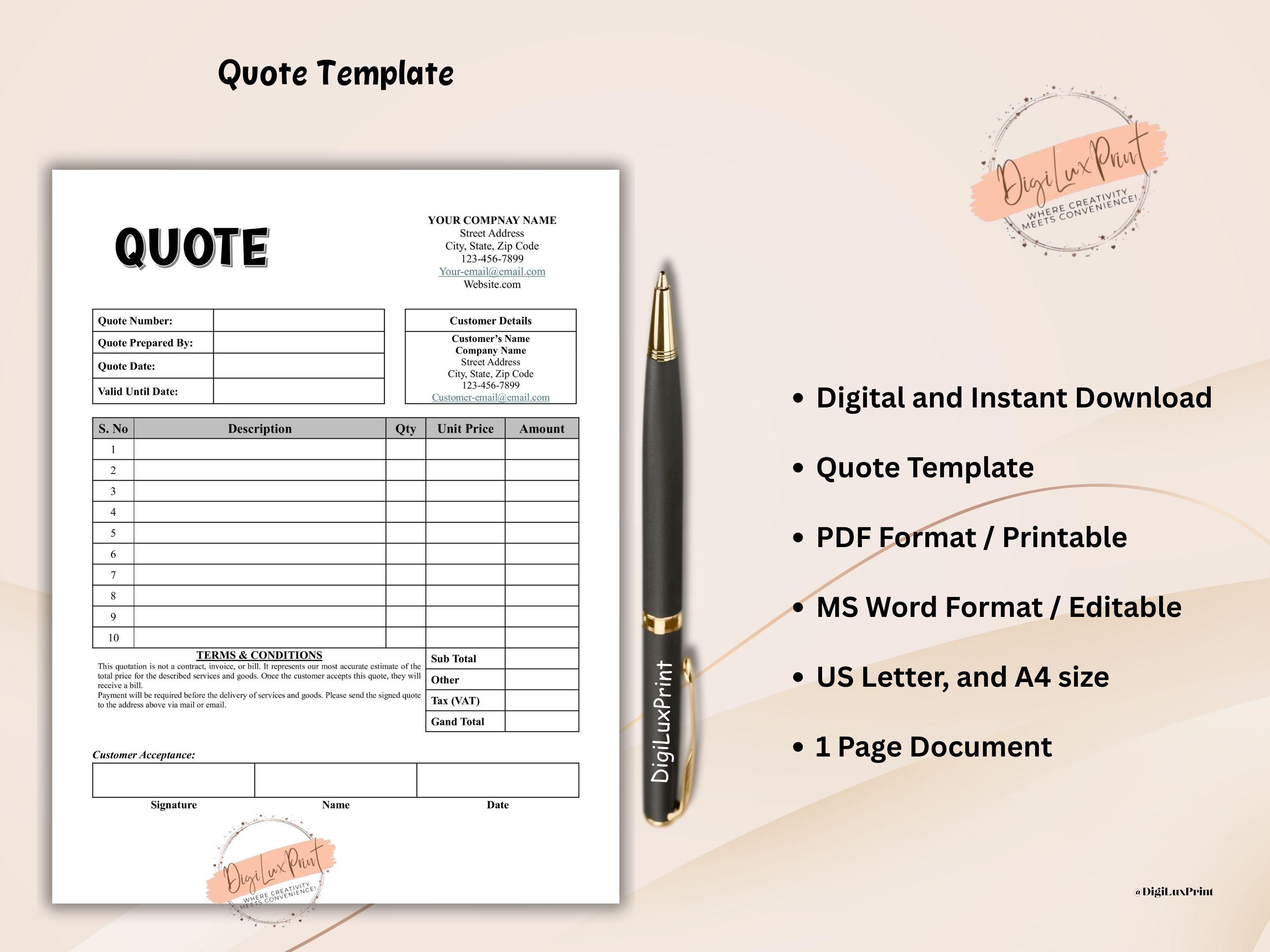 Editable Quote Template Quote Form for Small Business Job Proposal ...